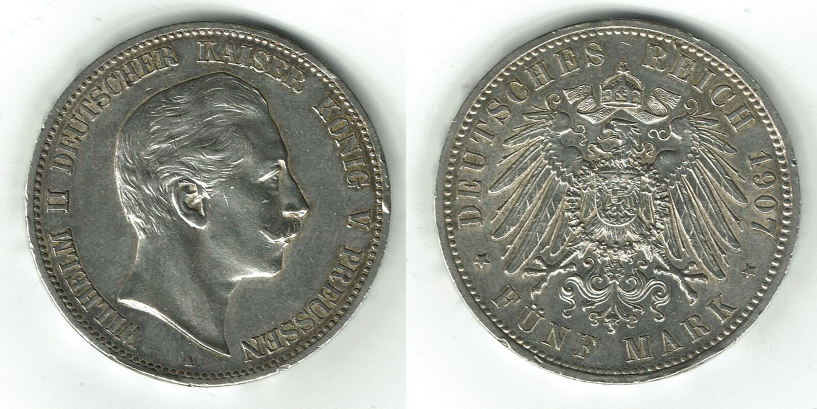 Preußen 5 Mark 1907 A, Wilhelm II., Erhaltung siehe Scan! sehr schön bis vorzüglich, kleine ...
