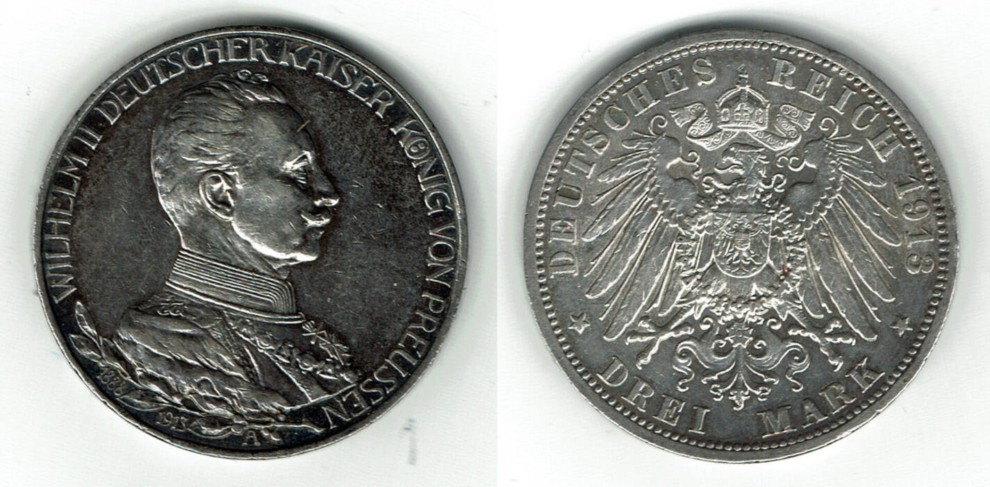 Preußen 3 Mark 1913 A, Wilhelm II. in Uniform, Erhaltung siehe Scan! sehr schön bis vorzüglich ...