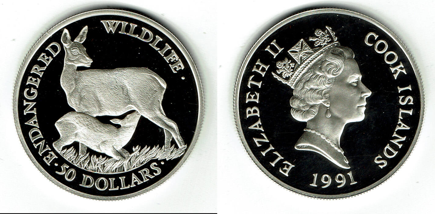 Cook Islands 1991, 50 Dollars, Bedrohte Tierwelt - Persischer Hirsch ...