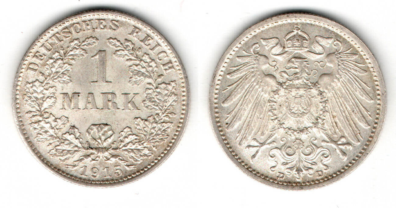Kaiserreich, Kursmünze 1 Mark 1915 D, 900er Silber! vorzüglich bis stempelglanz | MA-Shops