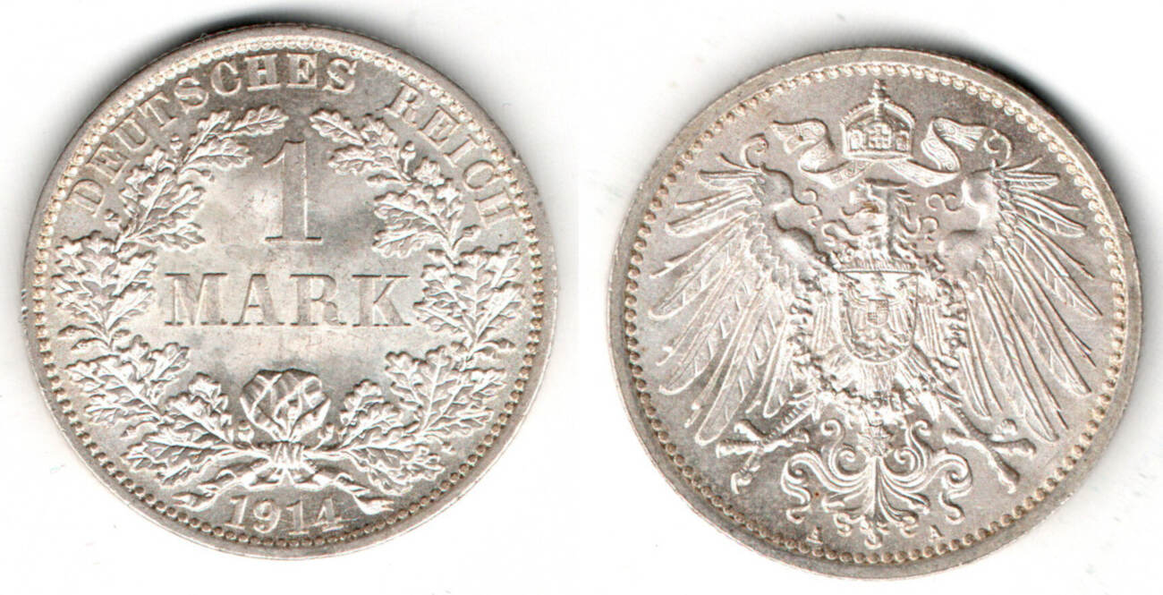 Kaiserreich, Kursmünze 1 Mark 1914 A, 900er Silber! vorzüglich bis ...