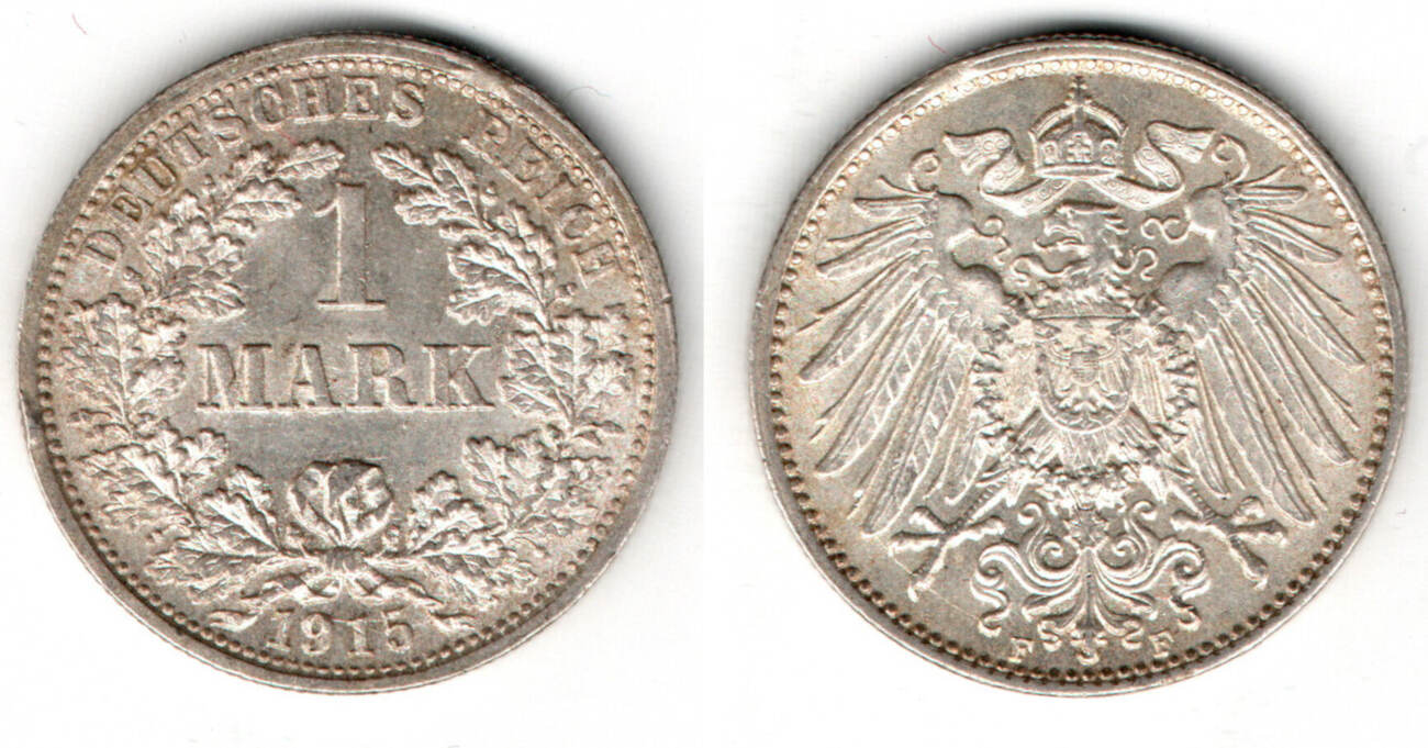 Kaiserreich, Kursmünze 1 Mark 1914 F, 900er Silber! vorzüglich bis ...