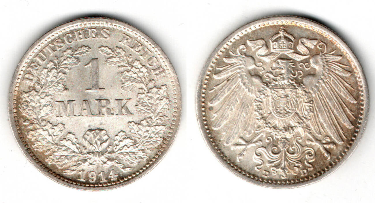 Kaiserreich, Kursmünze 1 Mark 1914 D, 900er Silber! vorzüglich bis ...