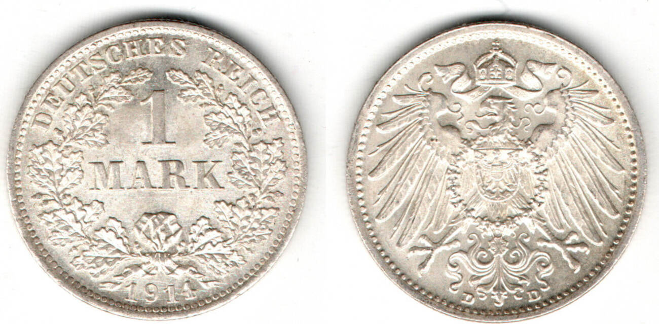 Kaiserreich, Kursmünze 1 Mark 1914 D, 900er Silber! vorzüglich bis ...