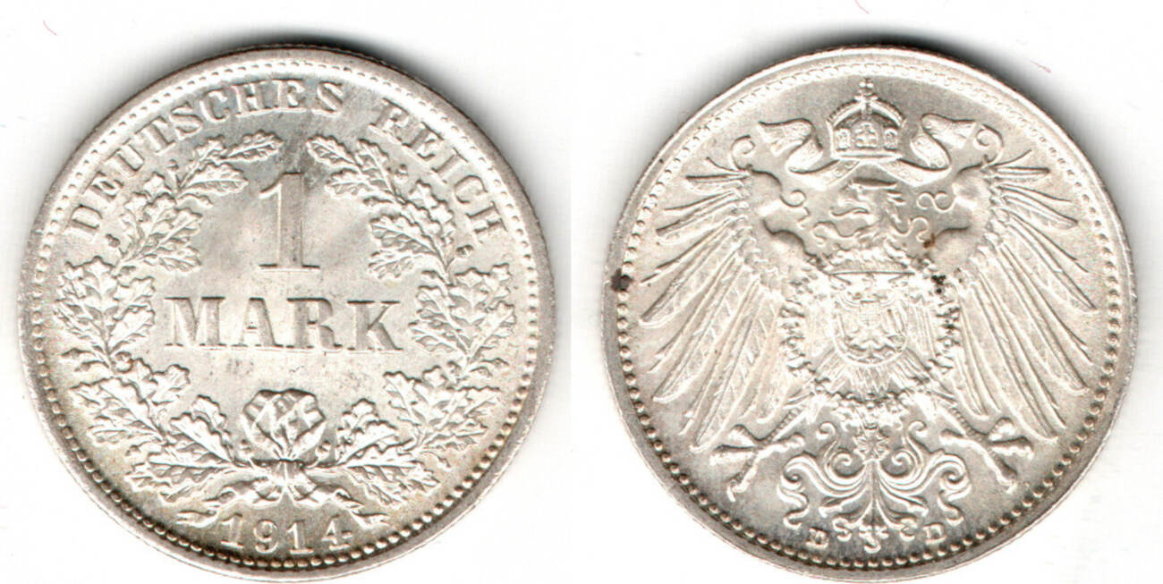 Kaiserreich, Kursmünze 1 Mark 1914 D, 900er Silber! vorzüglich bis ...