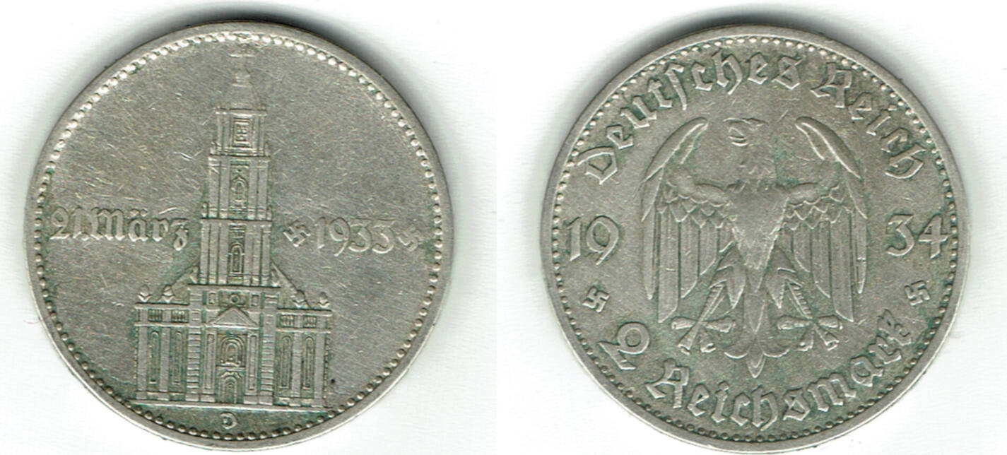 Drittes Reich, 5 Reichsmark 1934 D, Garnisonskirche Potsdam mit Datum ...