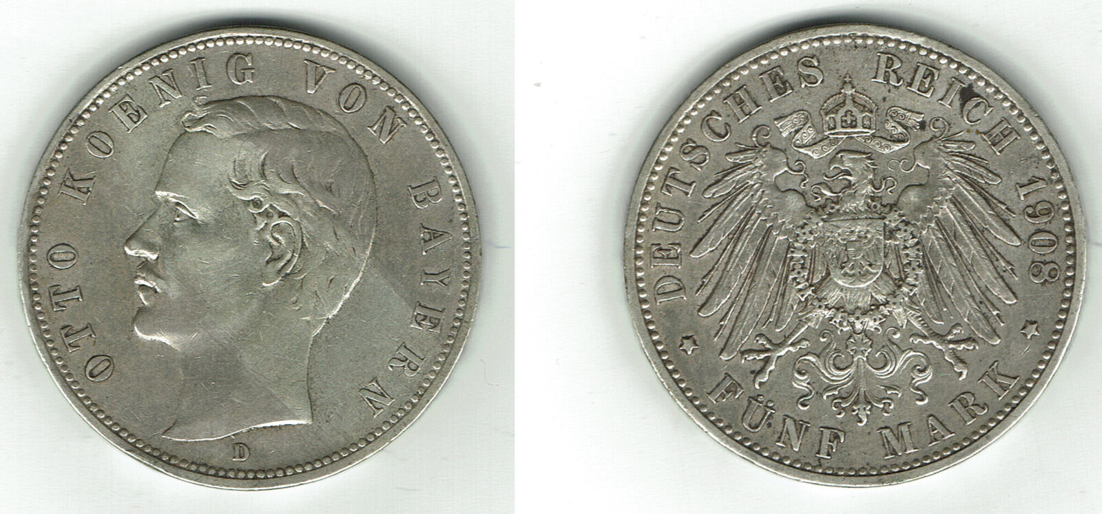 Kaiserreich - Bayern Deutsches Kaiserreich, Bayern, König Otto, 5 Mark 1908 D, Silber! sehr ...
