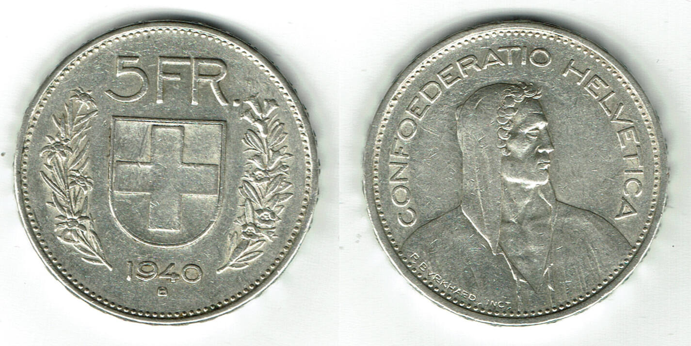 Schweiz, Kursmünze 5 Franken 1940, Silber, Erhaltung siehe Scan! sehr schön | MA-Shops