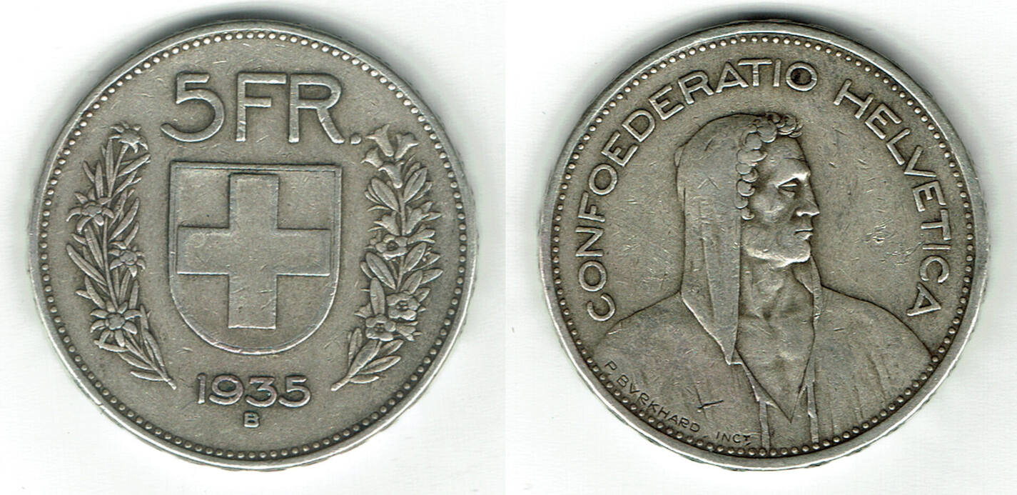Schweiz, Kursmünze 5 Franken 1935, Silber, Erhaltung siehe Scan! sehr schön | MA-Shops