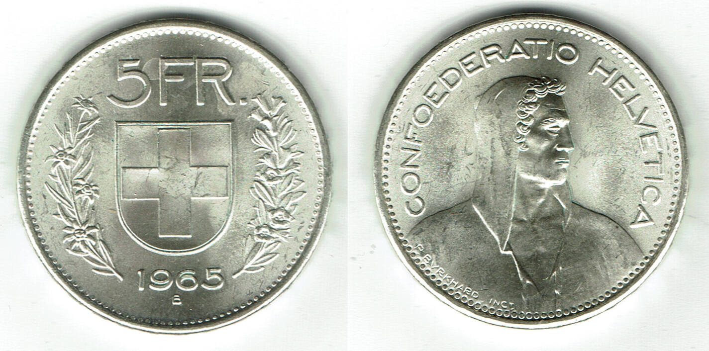 Schweiz, Kursmünze 5 Franken 1965, Silber, Erhaltung siehe Scan! vorzüglich bis stempelglanz ...