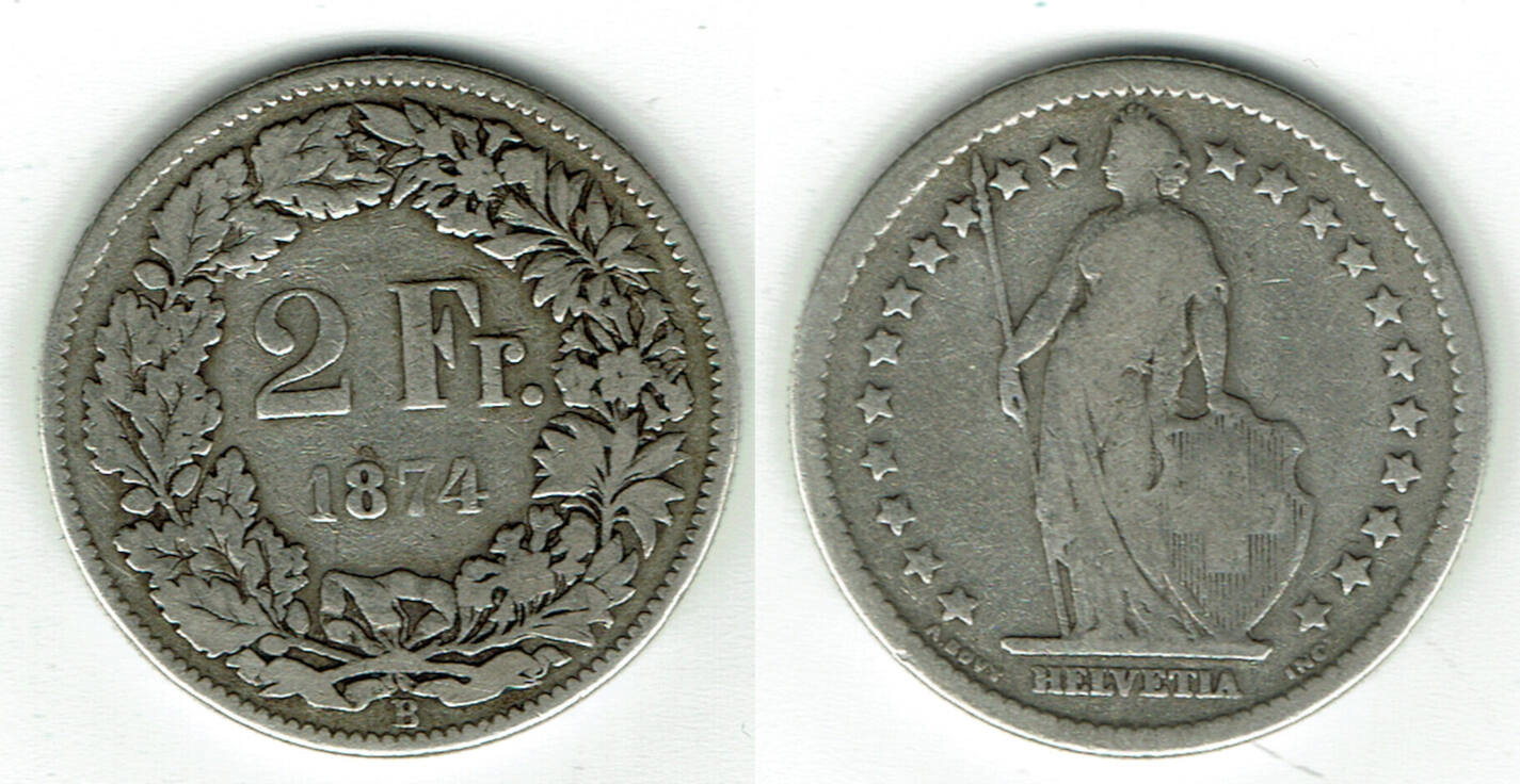 Schweiz, Kursmünze Silber, 2 Franken 1874, Erhaltung siehe Scan! schön | MA-Shops