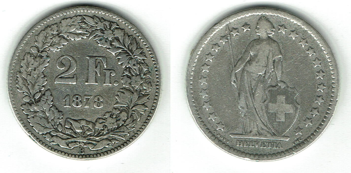 Schweiz, Kursmünze Silber, 2 Franken 1878, Erhaltung siehe Scan! schön bis sehr schön | MA-Shops