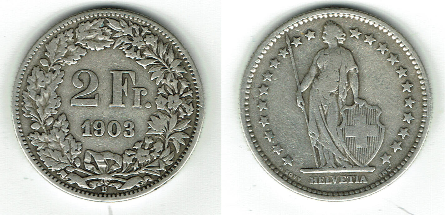Schweiz, Kursmünze Silber, 2 Franken 1903, Erhaltung siehe Scan! sehr schön | MA-Shops