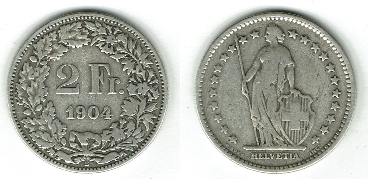 Schweiz, Kursmünze Silber, 2 Franken 1904, Erhaltung siehe Scan! sehr schön | MA-Shops