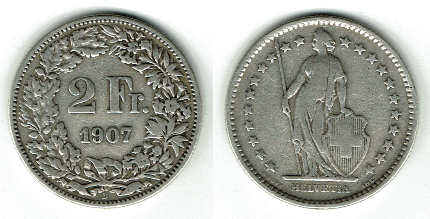 Schweiz, Kursmünze Silber, 2 Franken 1907, Erhaltung siehe Scan! sehr schön | MA-Shops