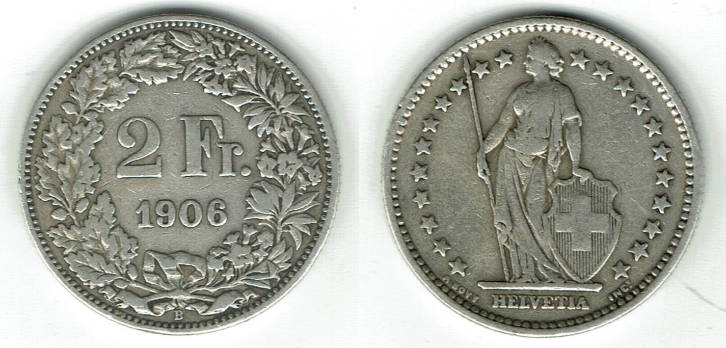 Schweiz, Kursmünze Silber, 2 Franken 1906, Erhaltung siehe Scan! sehr schön | MA-Shops