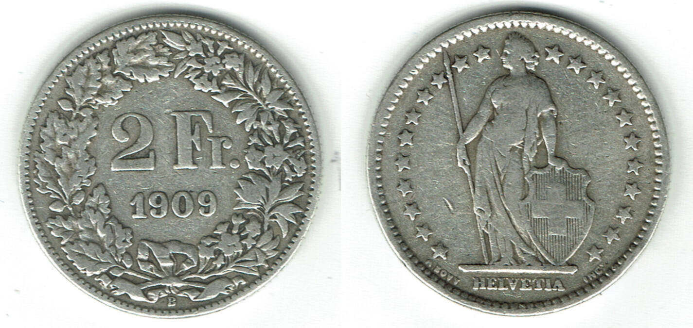 Schweiz, Kursmünze Silber, 2 Franken 1909, Erhaltung siehe Scan! sehr schön | MA-Shops