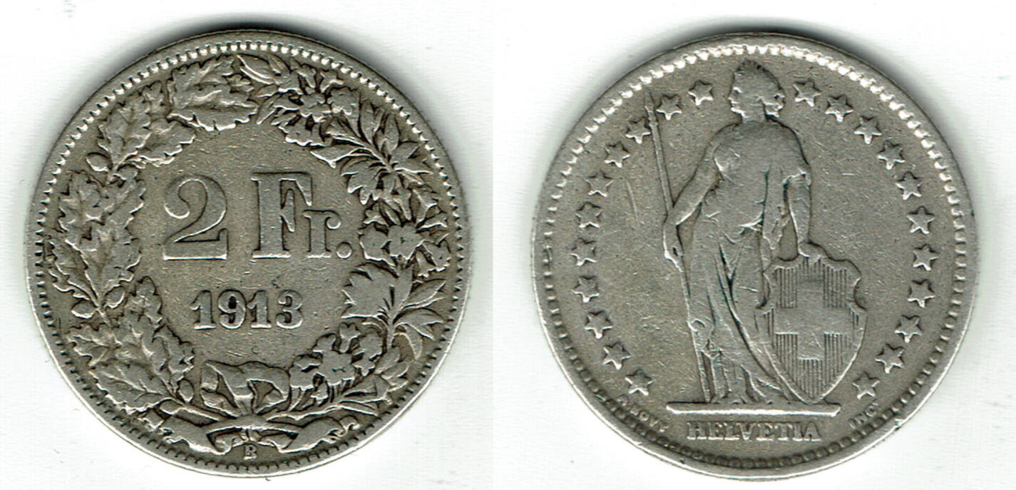 Schweiz, Kursmünze Silber, 2 Franken 1913, Erhaltung siehe Scan! sehr schön | MA-Shops