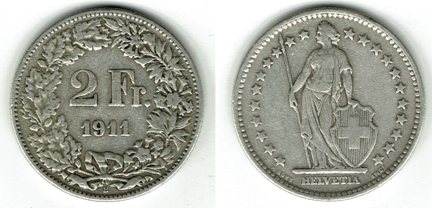 Schweiz, Kursmünze Silber, 2 Franken 1911, Erhaltung siehe Scan! schön bis sehr schön | MA-Shops