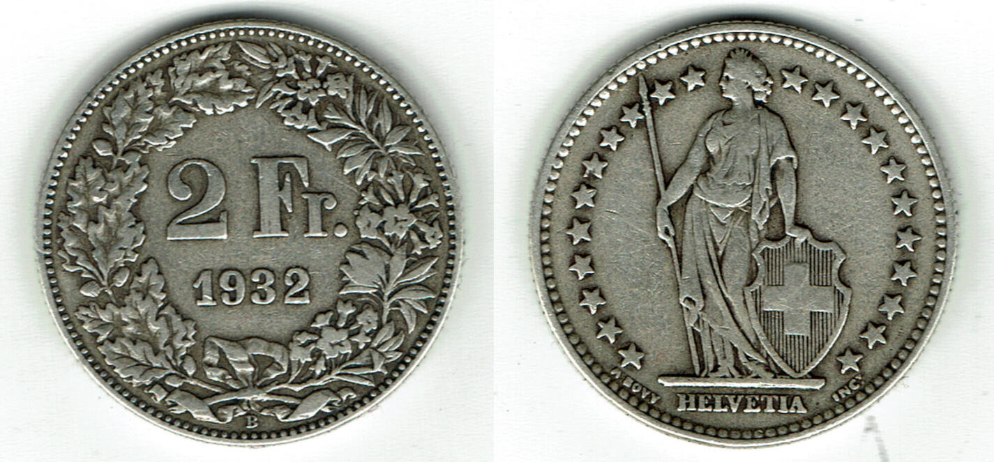 Schweiz, Kursmünze Silber, 2 Franken 1932, Erhaltung siehe Scan! sehr schön | MA-Shops
