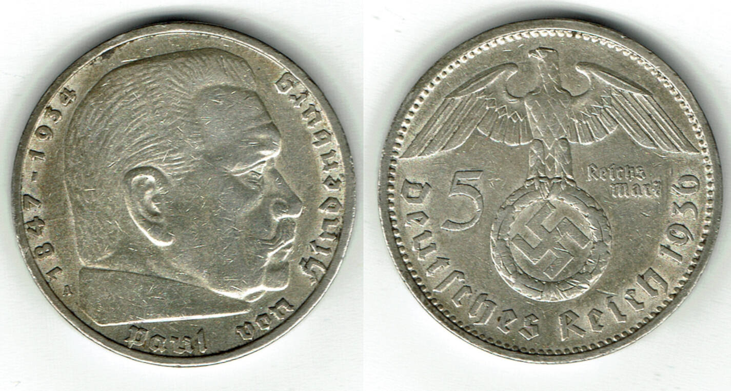 Drittes Reich, 5 Reichsmark 1936 A, Hindenburg mit HK, 13,89 g 900er ...