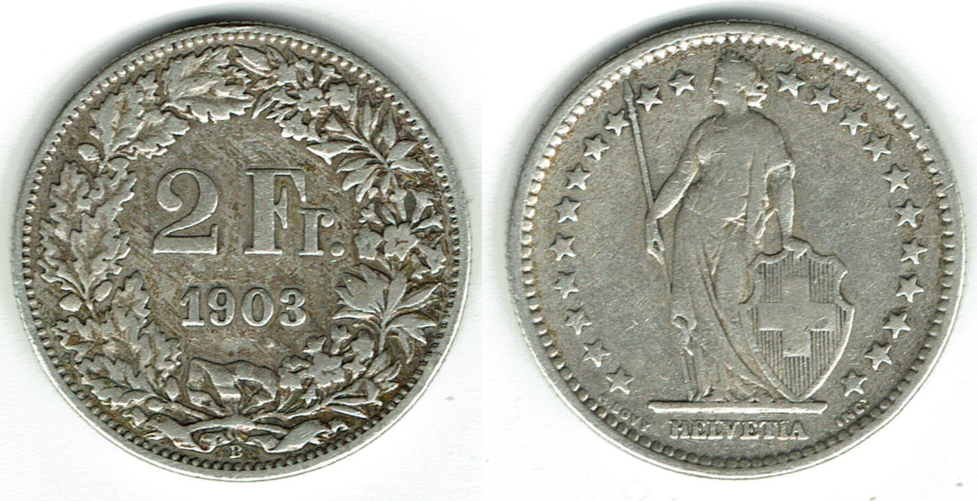 Schweiz, Kursmünze Silber, 2 Franken 1903, Erhaltung siehe Scan! schön bis sehr schön | MA-Shops