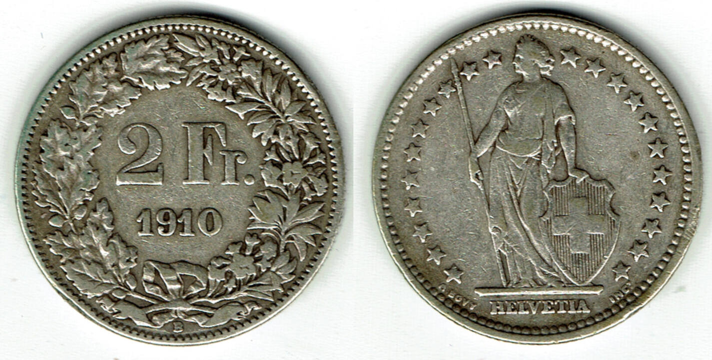 Schweiz, Kursmünze Silber, 2 Franken 1910, Erhaltung siehe Scan! sehr schön | MA-Shops