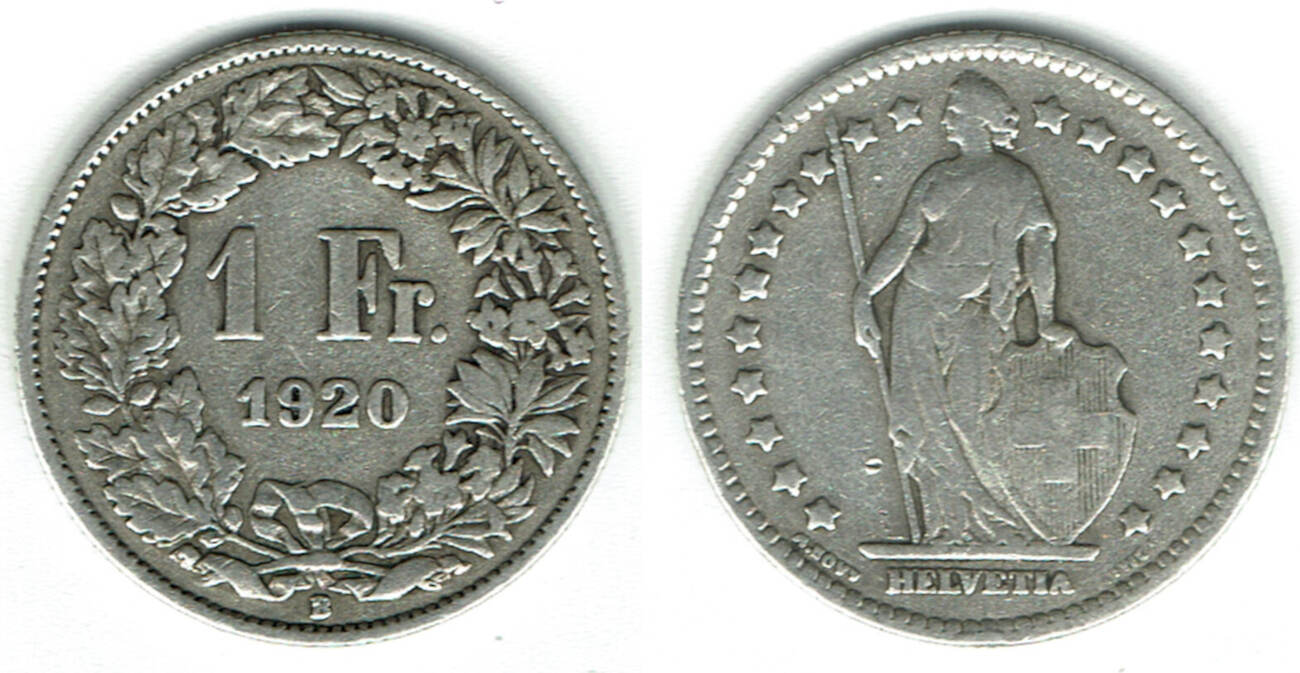 1920 Schweiz, Kursmünze Silber, 1 Franken, Erhaltung siehe Scan! sehr schön | MA-Shops