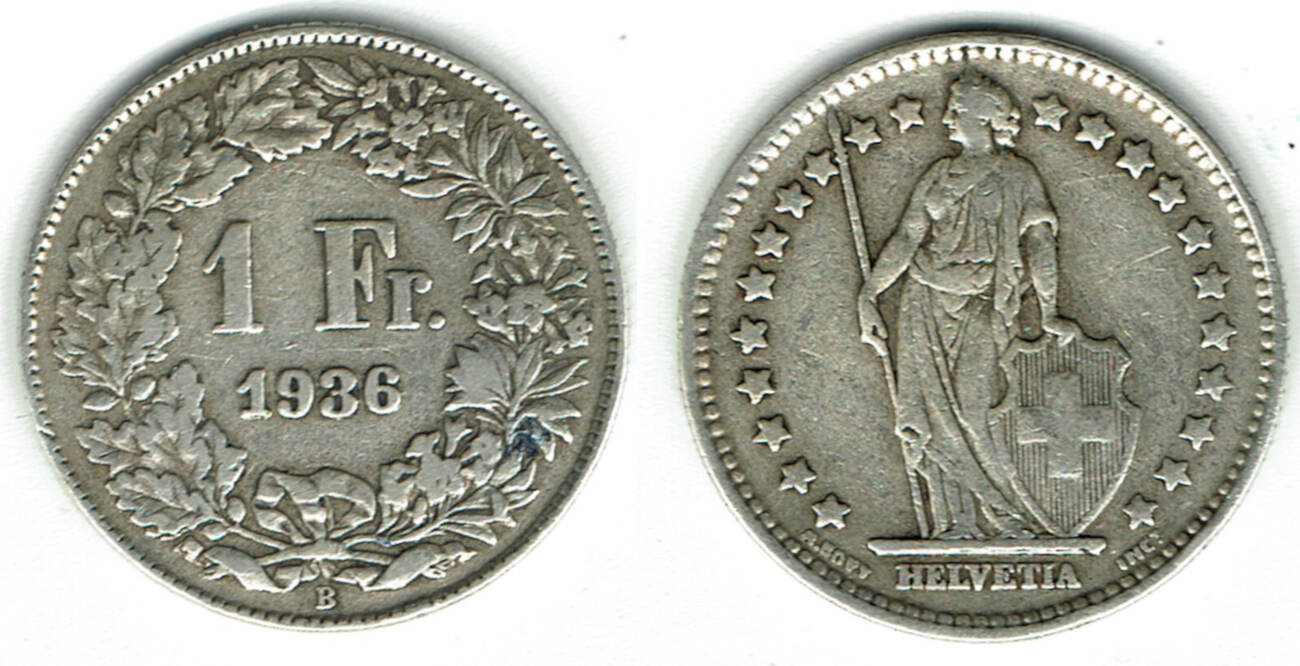 1936 Schweiz, Kursmünze Silber, 1 Franken, Erhaltung siehe Scan! sehr schön | MA-Shops