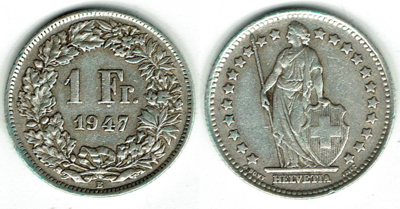 1947 Schweiz, Kursmünze Silber, 1 Franken, Erhaltung siehe Scan! sehr schön | MA-Shops