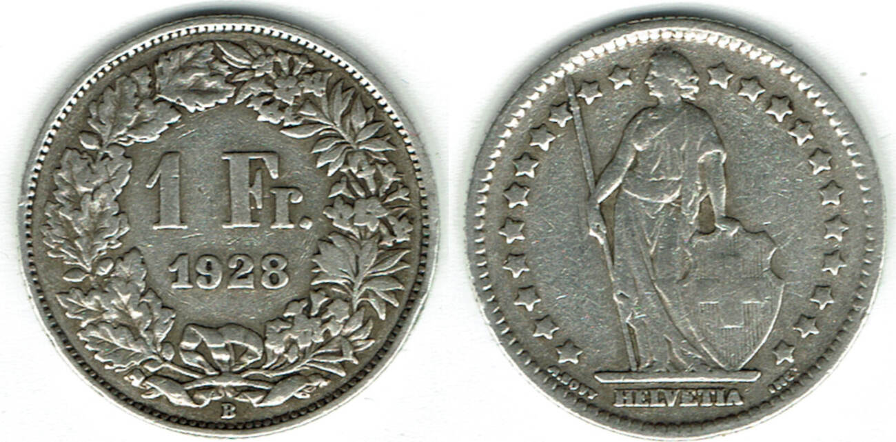 1928 Schweiz, Kursmünze Silber, 1 Franken, Erhaltung siehe Scan! sehr schön | MA-Shops