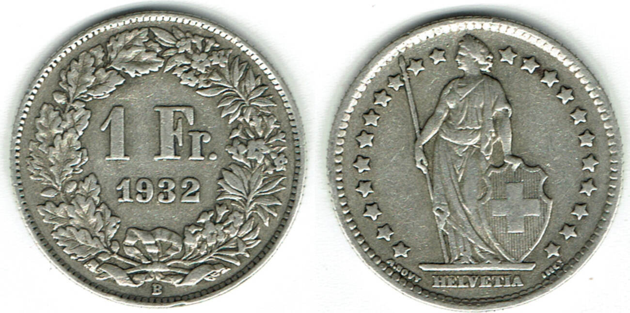 1932 Schweiz, Kursmünze Silber, 1 Franken, Erhaltung siehe Scan! sehr schön | MA-Shops