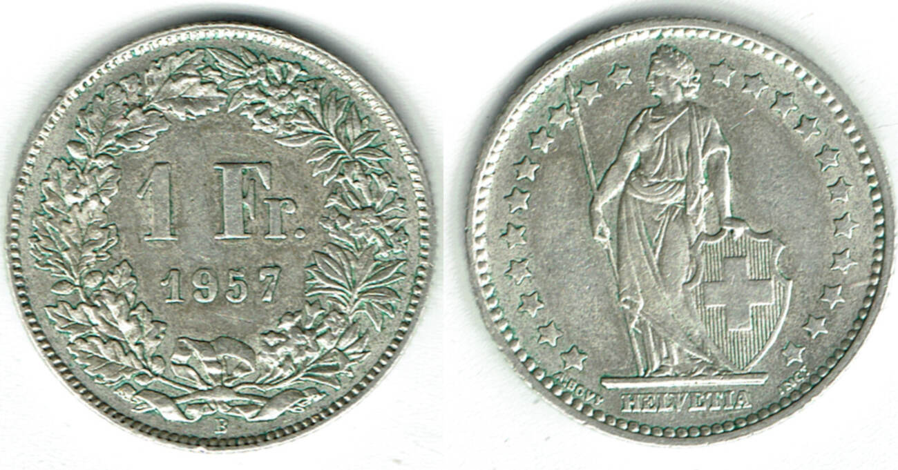 1957 Schweiz, Kursmünze Silber, 1 Franken, Erhaltung siehe Scan! fast vorzüglich | MA-Shops