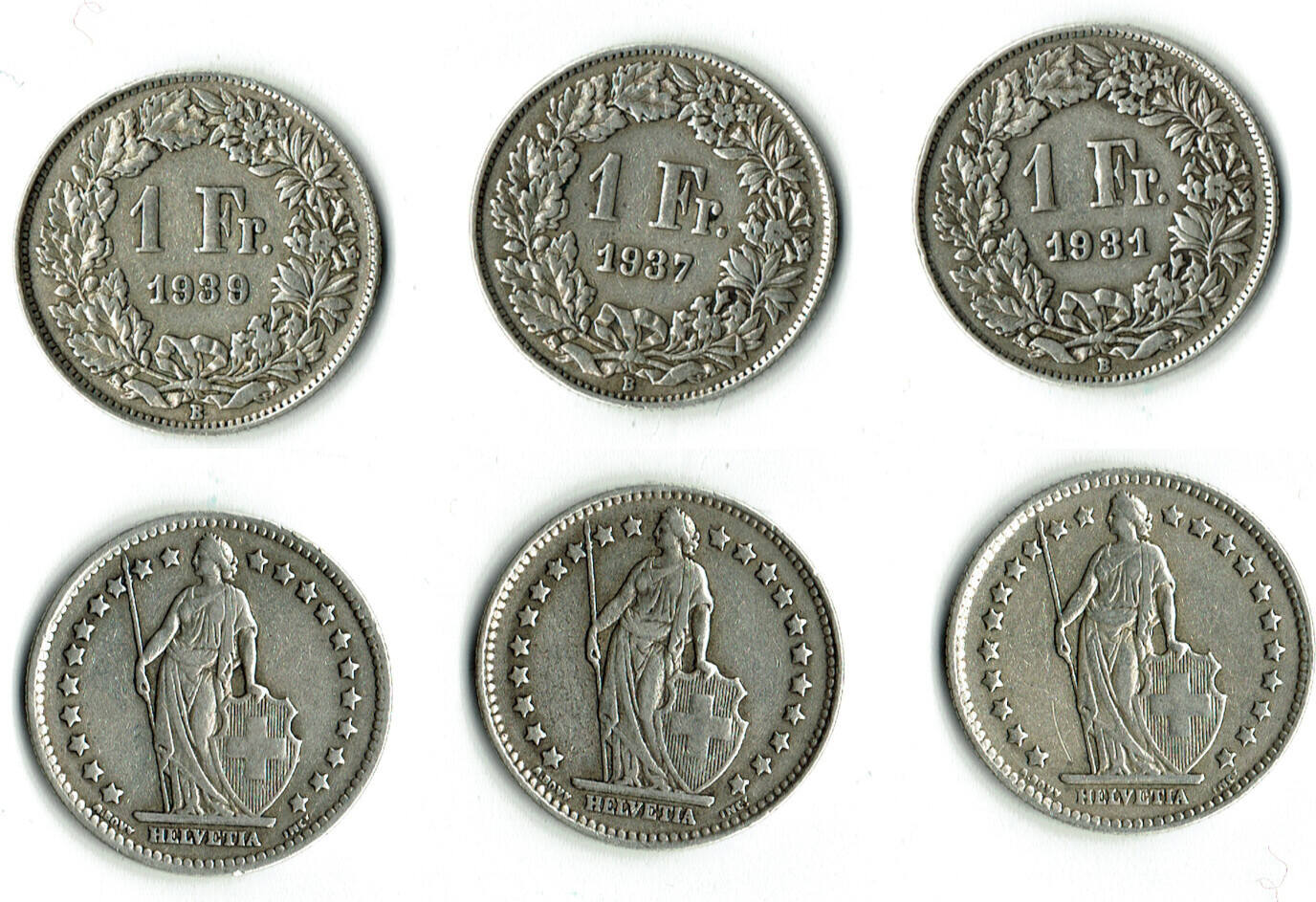 Schweiz, Kursmünzen Silber, 3 x 1 Franken, Jahr 1931, 1937, 1939, siehe Scan! sehr schön | MA-Shops