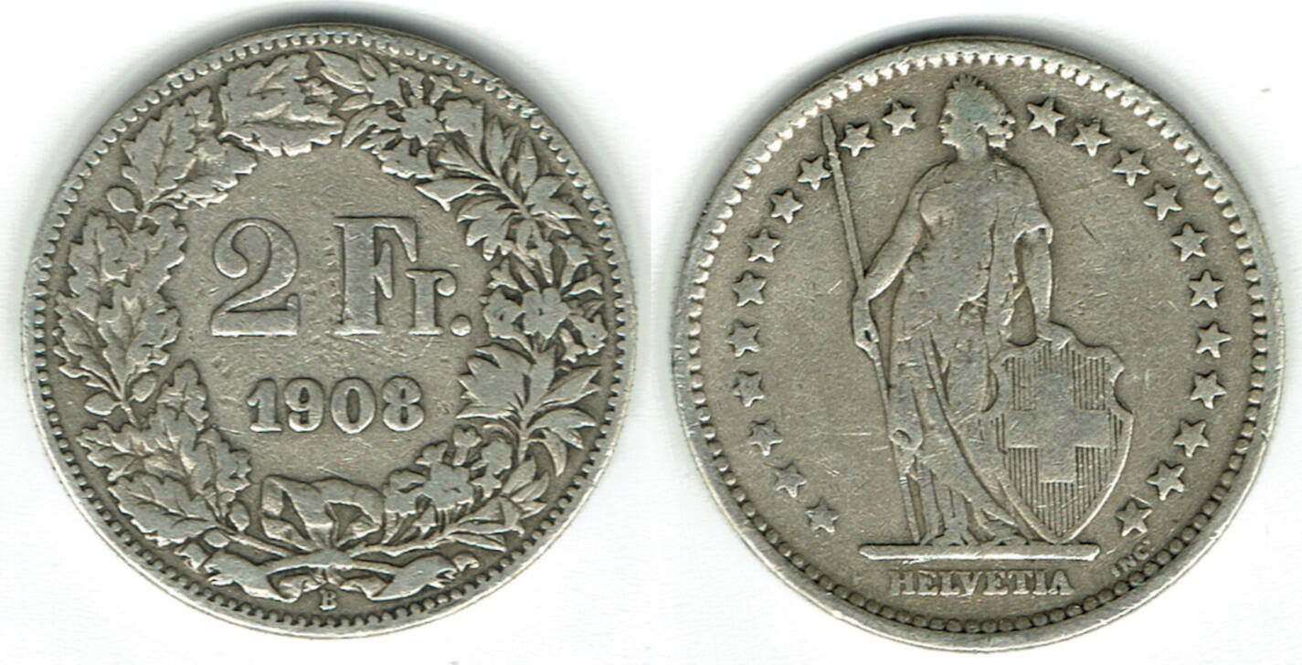 1908 Schweiz, Kursmünze Silber, 2 Franken, Erhaltung siehe Scan! schön bis sehr schön | MA-Shops