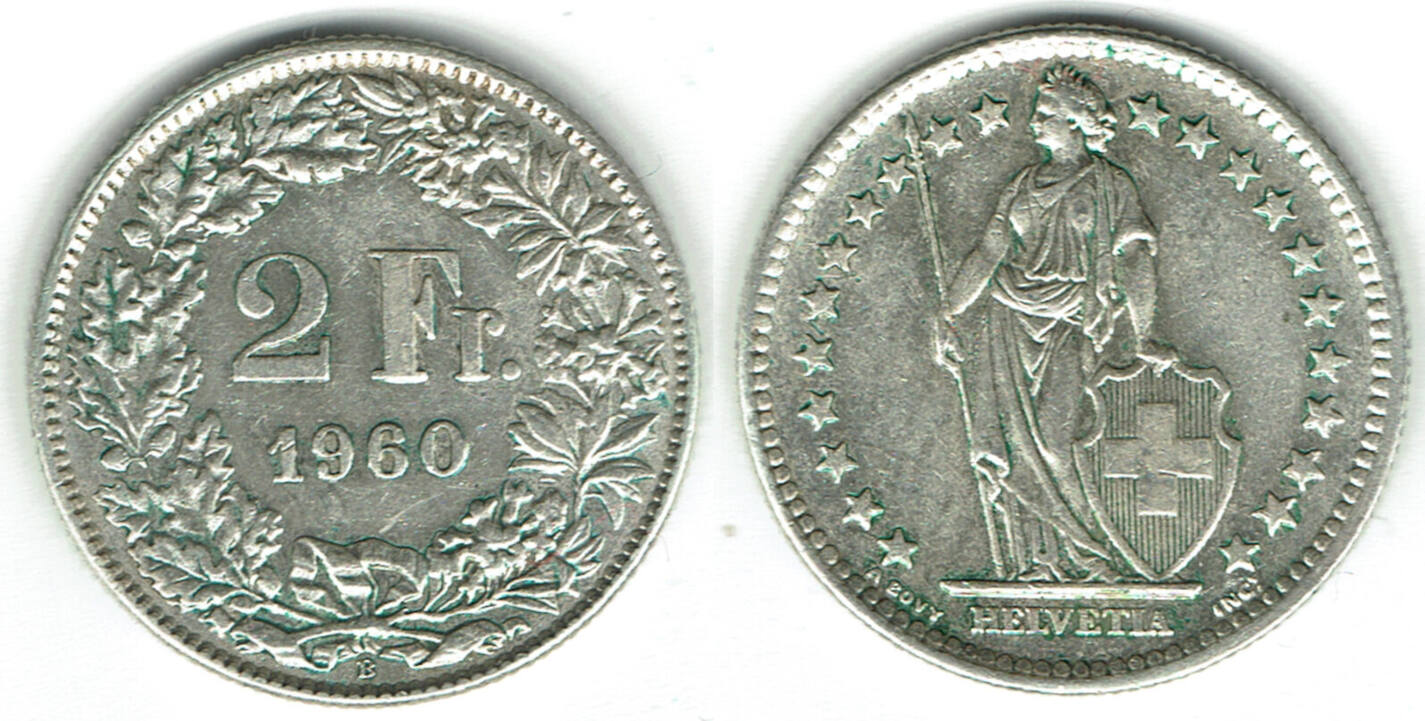 1960 Schweiz, Kursmünze Silber, 2 Franken, Erhaltung siehe Scan! vorzüglich | MA-Shops