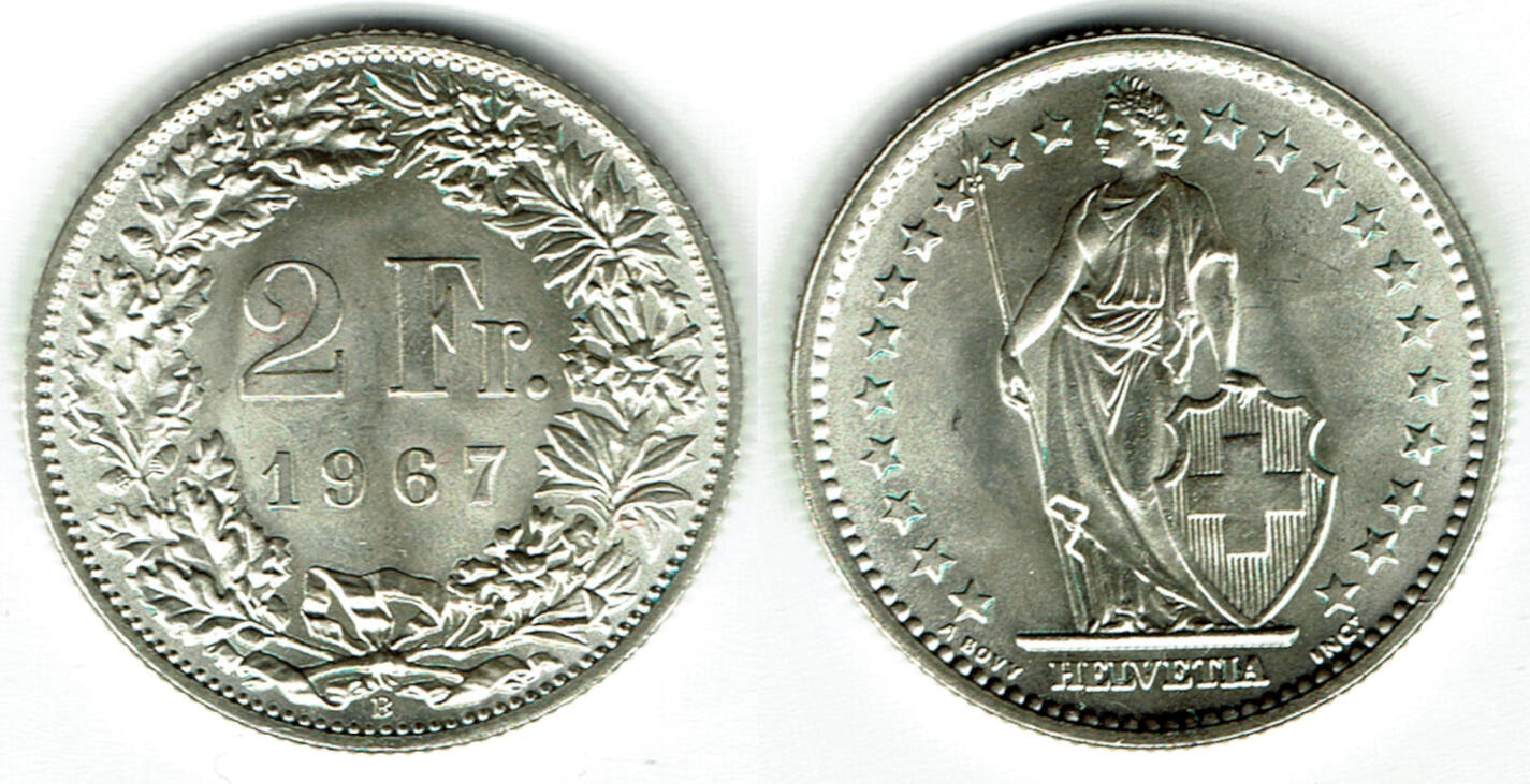 1967 Schweiz, Kursmünze Silber, 2 Franken, Erhaltung siehe Scan! vorzüglich bis stempelglanz ...