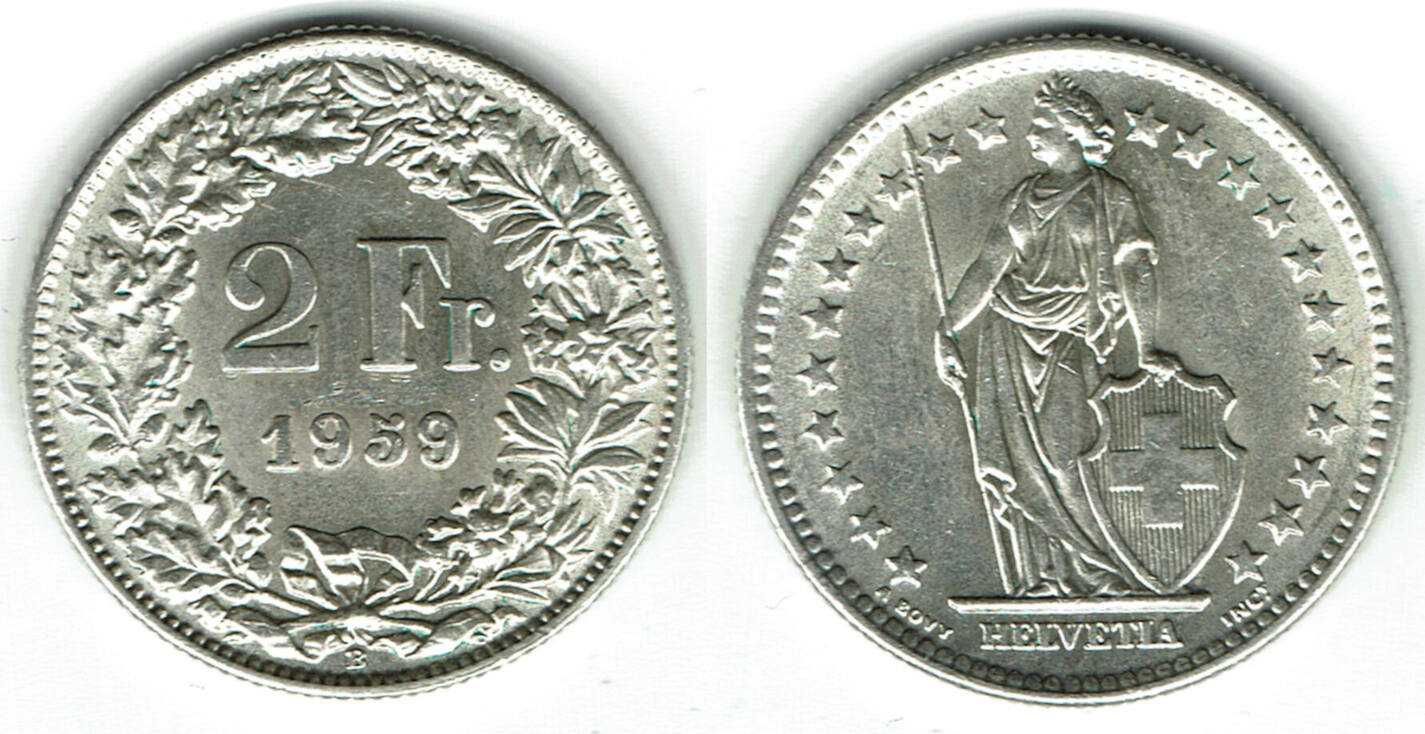 1959 Schweiz, Kursmünze Silber, 2 Franken, Erhaltung siehe Scan! vorzüglich | MA-Shops