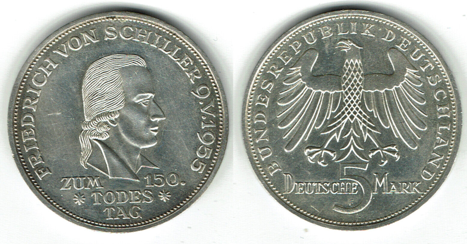 BRD Deutschland, 5 DM 1955, 150. Todestag Friedrich von Schiller, siehe Scan sehr schön bis ...