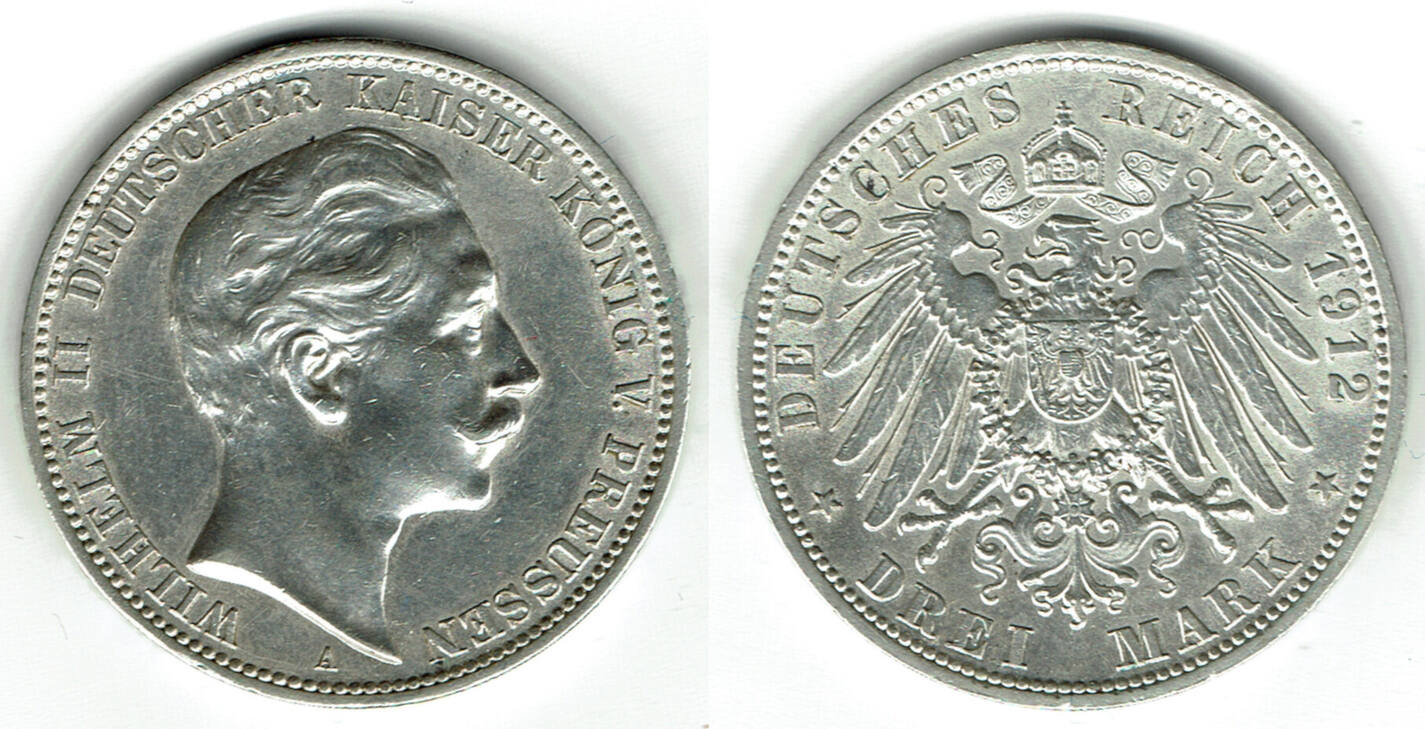 Kaiserreich, Preußen 3 Mark 1912 A, Wilhelm II., Erhaltung siehe Scan sehr schön bis vorzüglich ...