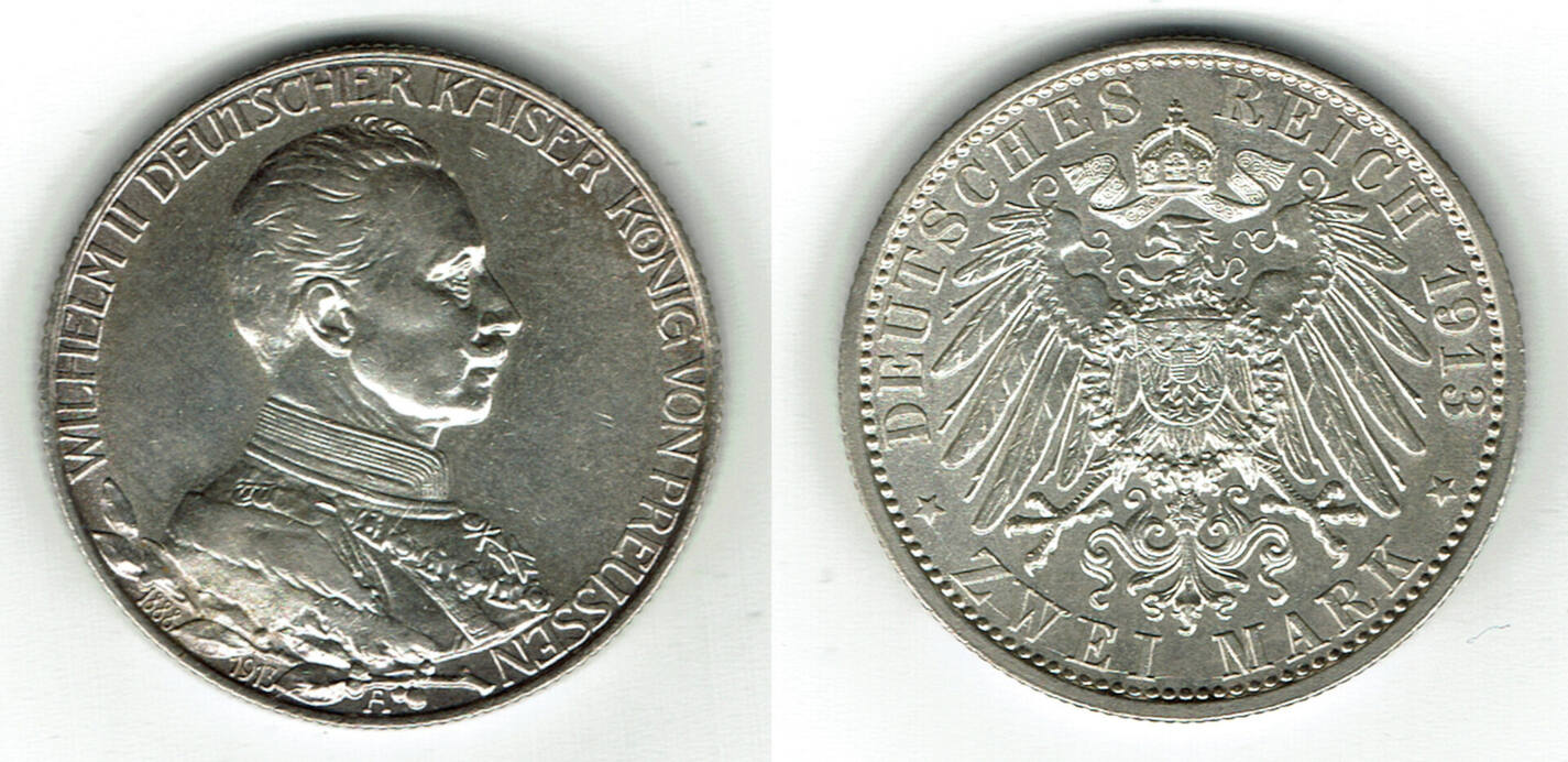 Kaiserreich, Preußen 2 Mark 1913, Wilhelm II., Erhaltung siehe Scan! fast vorzüglich ...