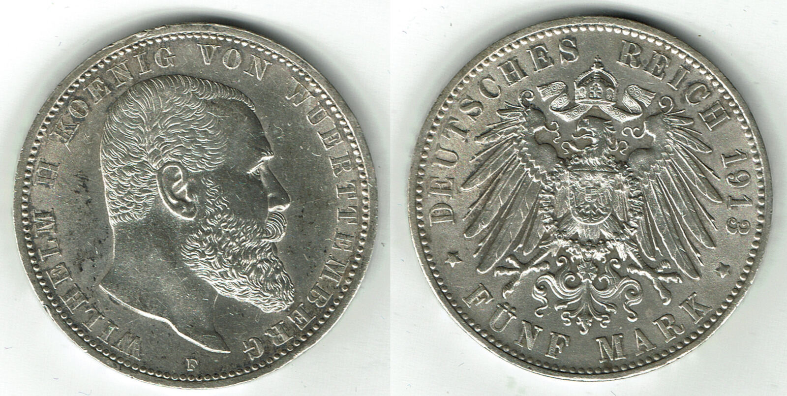 5 Mark Kaiserreich, Württemberg 1913 F, Wilhelm II., Erhaltung siehe Scan! fast vorzüglich | MA ...