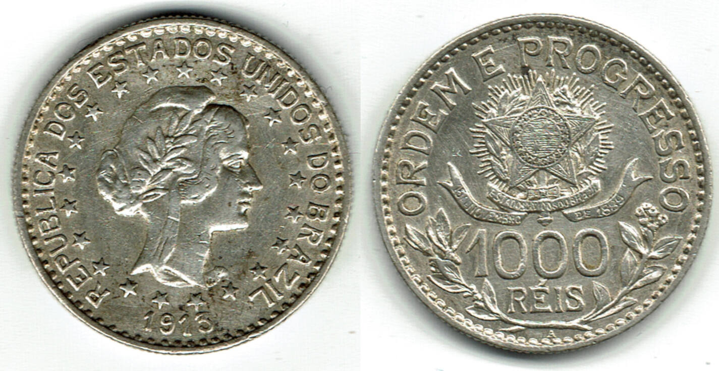 1000 Reis Brasilien, Silberkursmünze 1913, Liberty, Erhaltung siehe ...