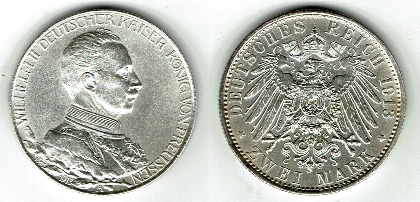 Kaiserreich, Preußen 2 Mark 1913, Wilhelm II., Erhaltung siehe Scan! fast vorzüglich, gereinigt ...
