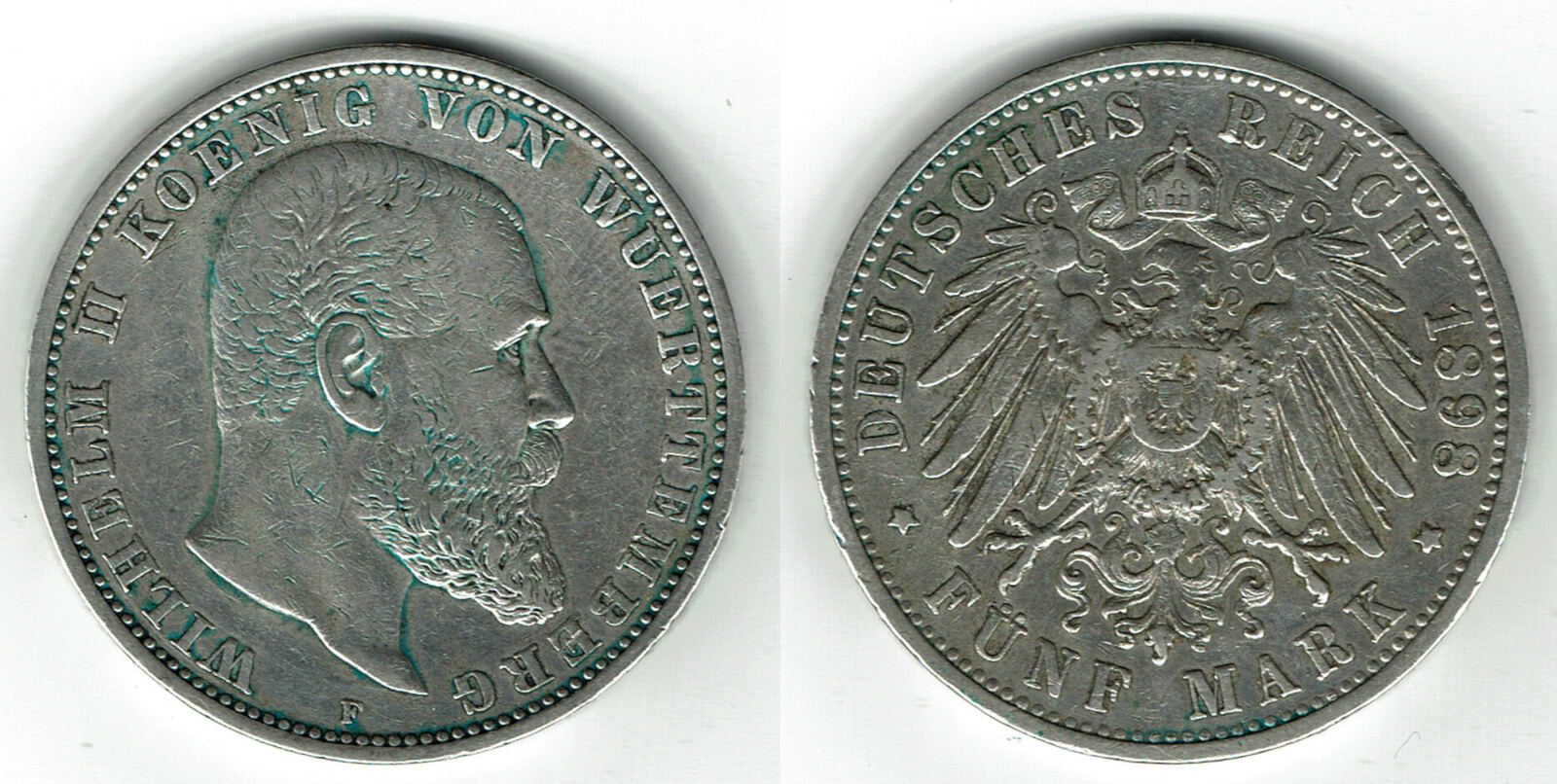 5 Mark Kaiserreich, Württemberg 1898 F, Wilhelm II., Erhaltung siehe Scan! sehr schön, kl ...