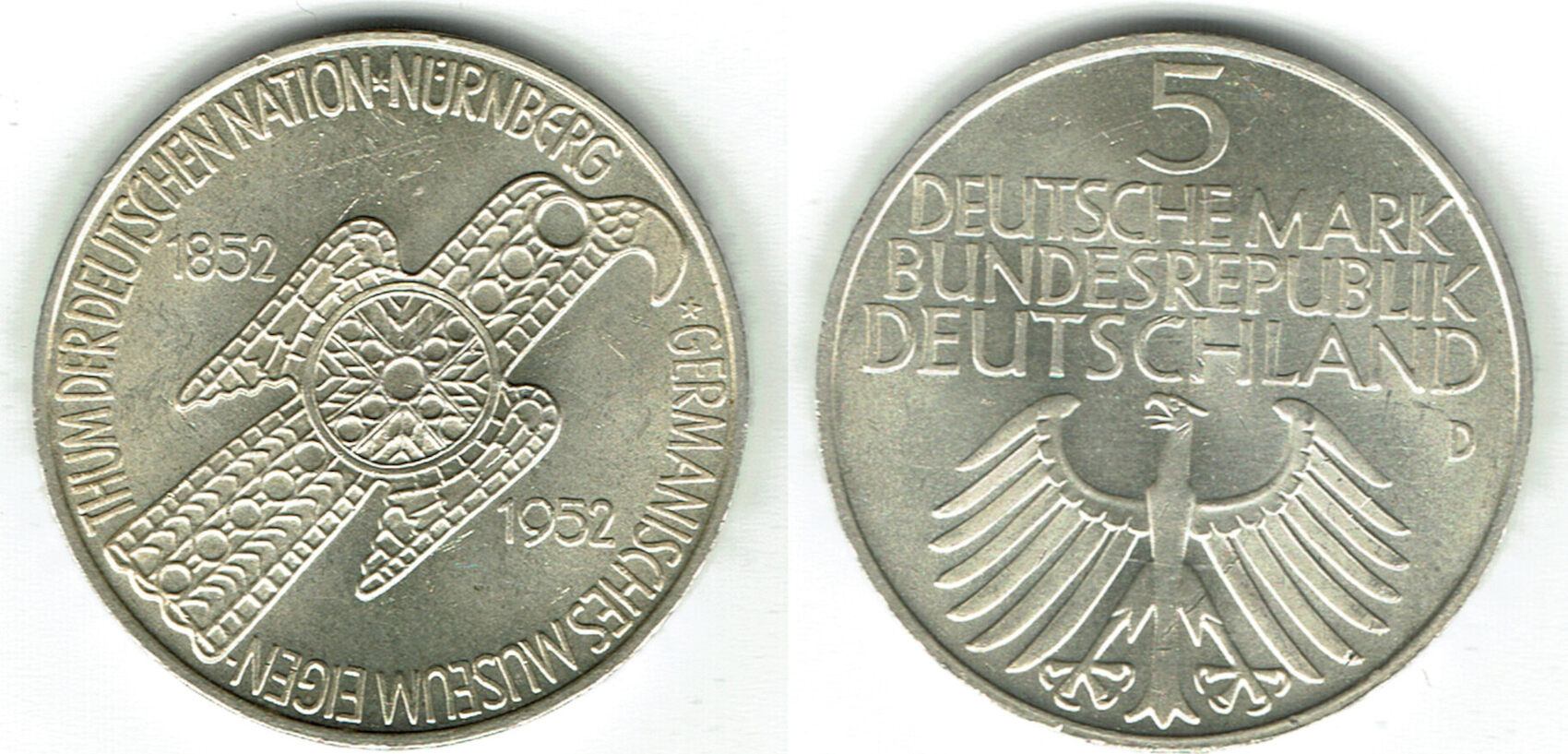 BRD Deutschland, 5 DM 1952, 100 Jahre Germanisches Museum, Erhaltung ...