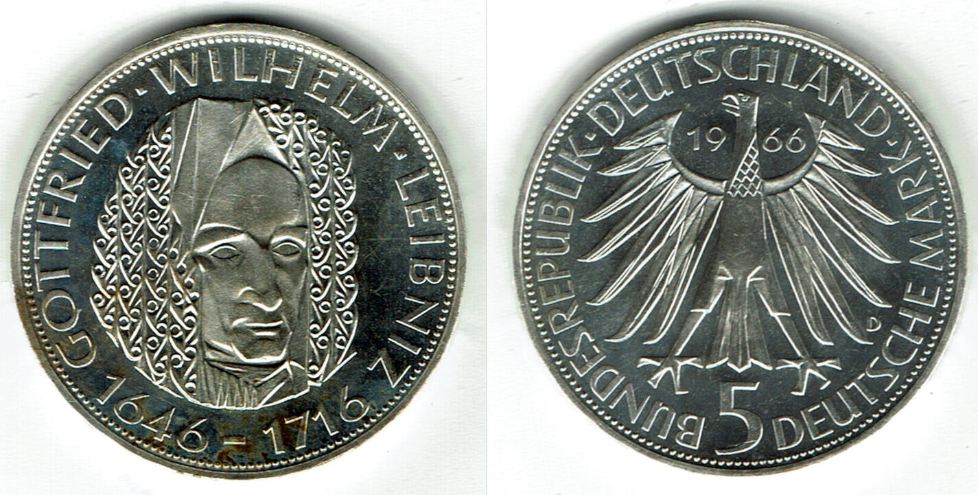 BRD 5 DM 5-DM-Gedenkmünze Leibniz, 1966, Spiegelglanz, offen in Kapsel! Spiegelglanz (Polierte ...