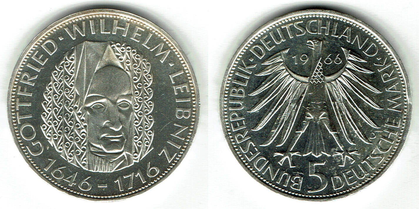 BRD 5 DM 5-DM-Gedenkmünze Leibniz, 1966, Spiegelglanz, offen in Kapsel! Spiegelglanz (Polierte ...