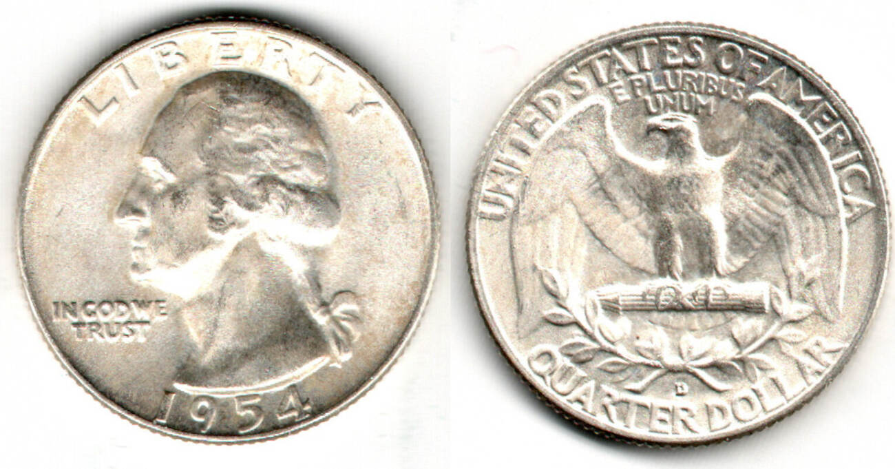 USA Quarter Dollar (25 Cents) Kursmünze 1954 D, George Washington ...