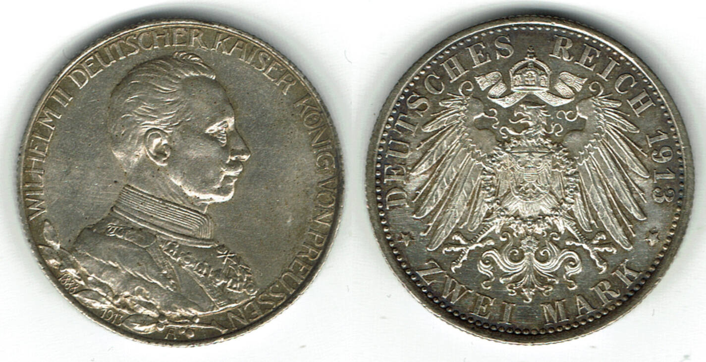 Kaiserreich, Preußen 2 Mark 1913, Wilhelm II., Erhaltung siehe Scan! sehr schön bis vorzüglich ...